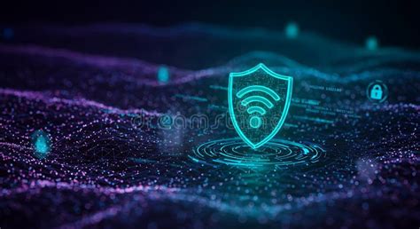Futuristic Digital Landscape With A Neon Shield Icon Featuring A Wi Fi