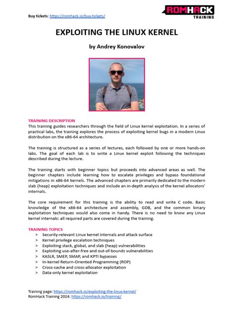 Romhack Training 2024 Exploiting The Linux Kernel Syllabus Pdf