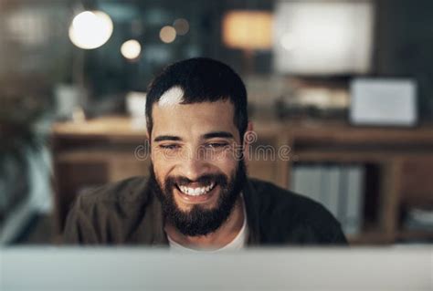 computer night and smile with designer man in office for website