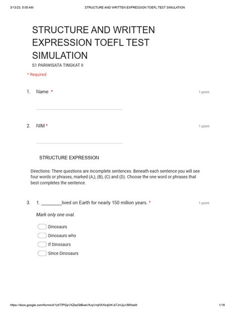 Structure And Written Expression Toefl Test Simulation 1 Name Pdf