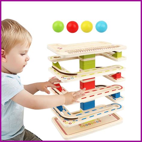 Wooden Ball Run Toy Ball Drop And Roll Tower With 8 Tier And 4 Balls