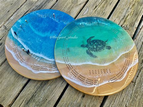 Ocean Cribbage Board Turtle Cribbage Board 3 Player Cribbage Lazy Susan Handmade Gaming Set