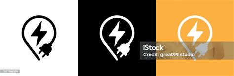 전력 아이콘입니다 전원 기호 전기 플러그 이미지 조합이 있는 핀 맵 내부의 번개 섬광 벡터 스톡 그림입니다 검은 흰색과 노란색 배경의 색상입니다 가상현실에 대한 스톡 벡터