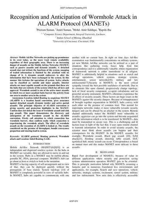 Pdf Recognition And Anticipation Of Wormhole Attack In Alarm Protocol