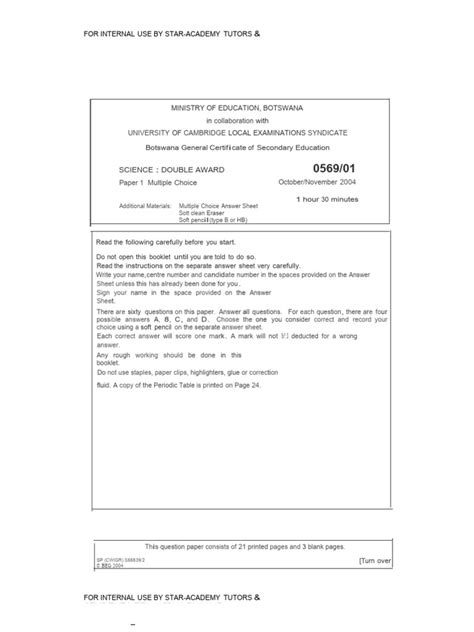Bgcse Science Double Award Pp1 2004 Pdf Chemical Reactions Chlorine