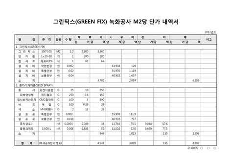 그린픽스green Fix녹화공사 M2당 단가 내역서 다운로드 무제한 이용가능 맞춤제작서비스제공 중소기업용 쉬운 관리