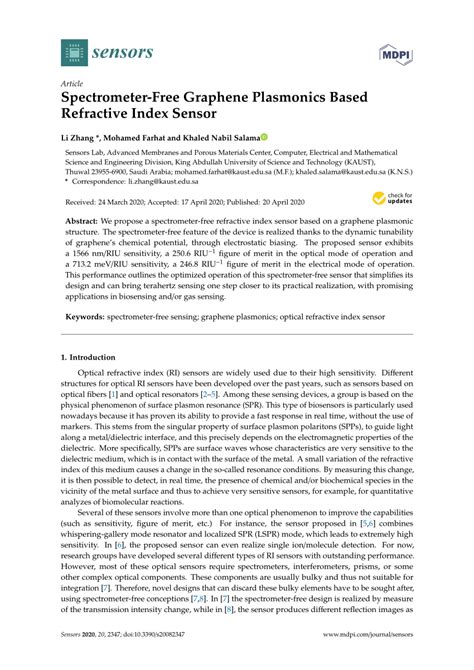 Pdf Spectrometer Free Graphene Plasmonics Based Refractive Index Sensor