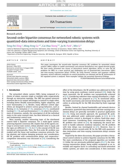 Pdf Second Order Bipartite Consensus For Networked Robotic Systems With Quantized Data