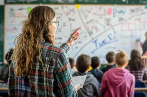 A Female Teacher In A Plaid Shirt Is Explaining A Complex Math Problem To A Class Of Students A