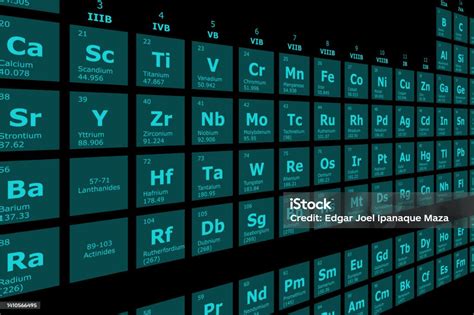 검은 배경에 원자 번호 원자 무게 원소 이름 및 기호가있는 화학 원소의 주기율표의 원근 배경 희토류 원소에 대한 스톡 벡터 아트 및 기타 이미지 Istock