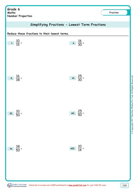 Grade 6 Simplifying Fractions Worksheets