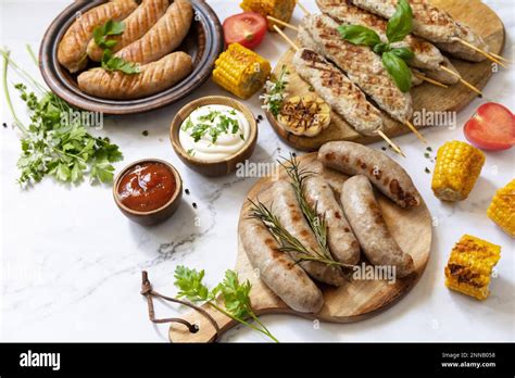 Grill Food Menu Various Bbq Grilled Sausages With Fresh Herbs And