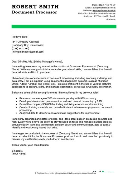 Document Processor Cover Letter Examples QwikResume