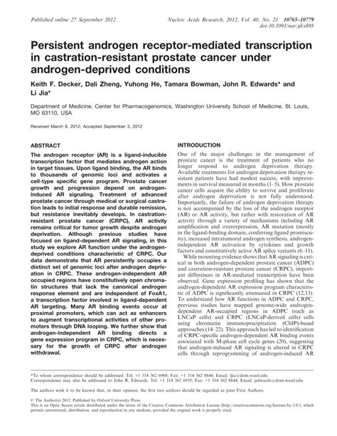 Pdf Persistent Androgen Receptor Mediated Transcription In Castration
