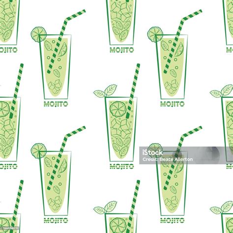 모히토 유리와 짚 벡터 원활한 패턴 배경 음료 안경 빨대 감귤류 과일 민트 잎 칵테일 이름이 있는 복고풍 녹색 흰색 배경 여름