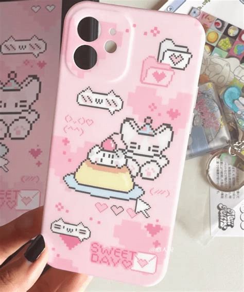 해외 Y2k 레트로 픽셀 푸딩 고양이 디저트 캐릭터 러블리 아이폰 11 12 13 14 15 플러스 프로 프로맥스 젤리케이스 에이블리