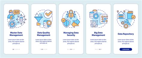 Types Of Data Management Onboarding Mobile App Screen Information Walkthrough 5 Steps Editable