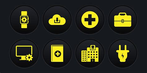 컴퓨터 모니터 및 기어 도구 상자 의료 책 치과 진료소 크로스 서클 및 클라우드 다운로드 아이콘을 설정합니다 벡터 건강 진단에