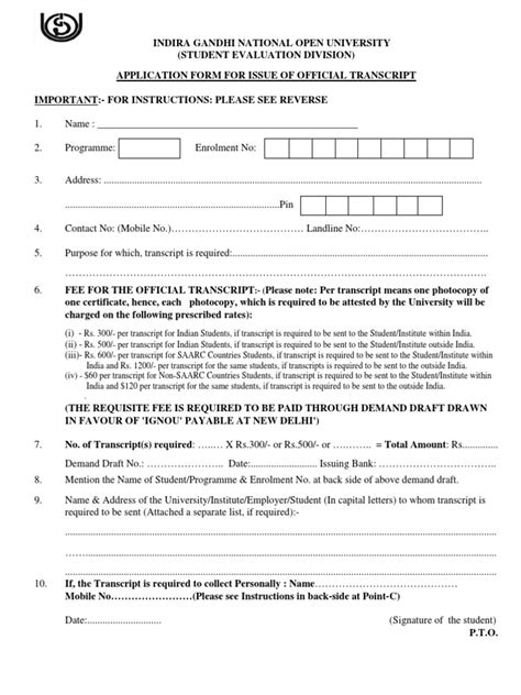 Official Transcript Form Ignou Pdf Identity Document Official Documents