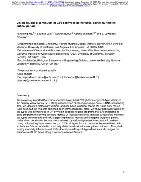 Pdf Vision Sculpts A Continuum Of L23 Cell Types In The Visual