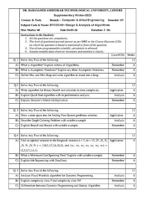 Design And Analysis Of Algorithms 16 01 2024 Dr Babasaheb Ambedkar