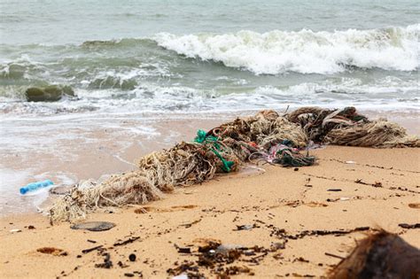 바닷가의 쓰레기 더러운 바닷물 환경 오염 생태 문제 폐기물 관리 쓰레기 재활용 분류되지 않은 쓰레기 비닐 봉지 유리 병 금속 캔 쓰레기 쓰레기 더미 쓰레기 0명에 대한 스톡