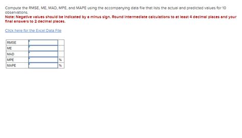 Solved Compute The Rmse Me Mad Mpe And Mape Using The