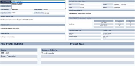 Project Charter Template Excel PMI PMBOK Six Sigma