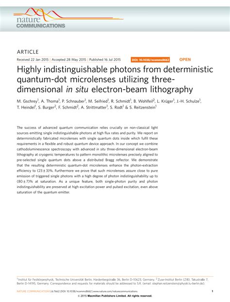 Pdf Highly Indistinguishable Photons From Deterministic Quantum Dot Microlenses Utilizing