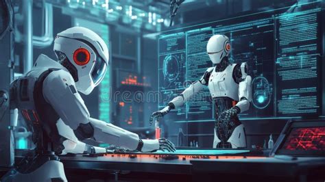 Futuristic Robots Collaborating In A High Tech Laboratory Environment Stock Illustration