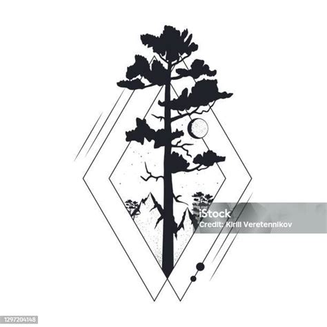 산과 소나무와 손으로 그린 나무 배지 라벨 이나 문신기하학적 방랑자 프레임 벡터 격리 된 달 포리스트 인쇄 모험에 대한 스톡 벡터 아트 및 기타 이미지 Istock
