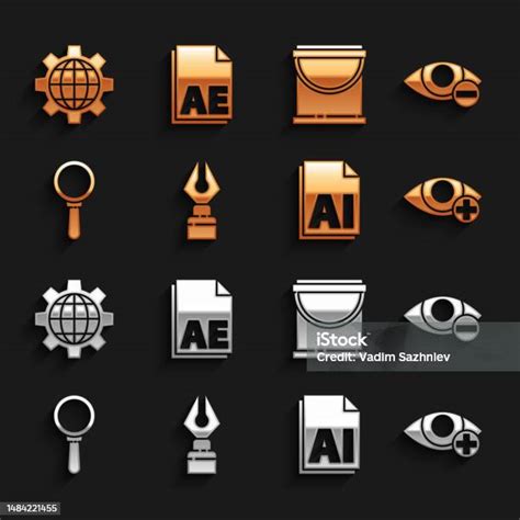 만년필 펜촉 적목 현상 Ai 파일 문서 돋보기 페인트 통 지구의 지구 기어 및 Ae 아이콘을 설정합니다 벡터 개발에 대한 스톡 벡터 아트 및 기타 이미지 Istock