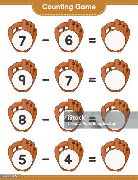 카운트와 매치 야구 장갑의 수를 계산하고 올바른 숫자와 일치 교육 어린이 게임 인쇄 가능한 워크 시트 벡터 일러스트 레이 션 0명에 대한 스톡 벡터 아트 및 기타 이미지