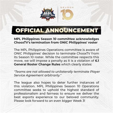 Mpl Ph Imposes Sanction After Onic Ph Releases Chooxtv During Mpl Ph