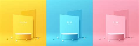3d 배경 노란색 파란색 분홍색 실린더 받침대 연단에 사각형 배경 벽 장면이 겹겹이 쌓여 있다 플랫폼 제품 디스플레이 프레젠테이션 추상적 인 구성 최소한의 디자인 무대