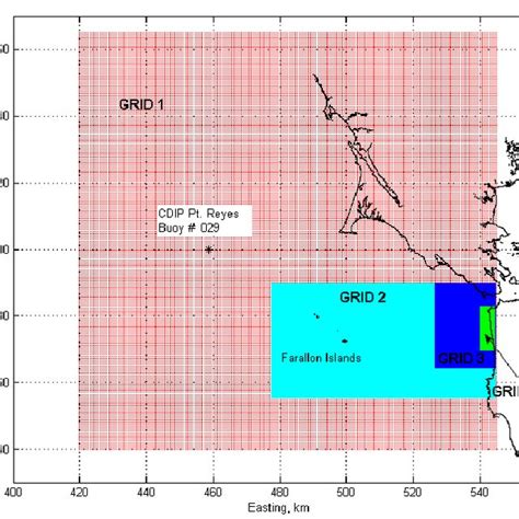 nested swan grids along with location of cdip point reyes buoy used to