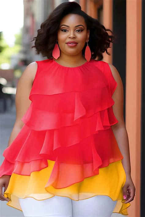 Xpluswear Design Plus Size Daily Multicolor Round Neck Ruffle Tiered