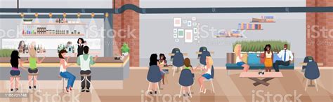 혼합 경주 사람들 마시는 음료 친구 에 앉아 카페 테이블 방문자 함께 시간을 보내고 현대 레스토랑 인테리어 평면 수평 배너 전체 길이 가구에 대한 스톡 벡터 아트 및 기타