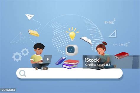 온라인 교육 기술을 위한 Ai 스마트 검색 인공 지능 로봇의 도움으로 컴퓨터에서 숙제를하는 아이들 3d 벡터 아이에 대한 스톡