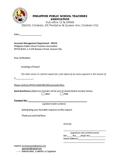 Ppsta Loan Refund Request Template Pdf