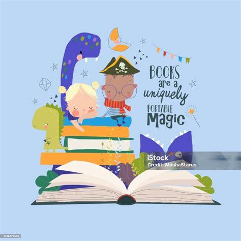 동화 속 괴물들 사이에서 책 더미에 앉아있는 귀여운 만화 아이들 책에 대한 스톡 벡터 아트 및 기타 이미지 책 읽기 모험 Istock