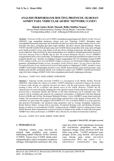 Pdf Analisis Performansi Routing Protocol Olsr Dan Aomdv Pada Vehicular Ad Hoc Network Vanet