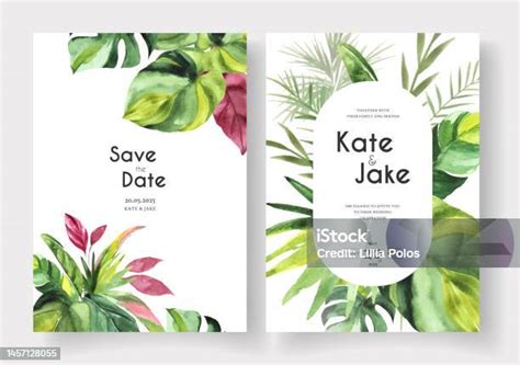 수채화 열대 잎과 웨딩 카드 세트 날짜 및 초대 템플릿을 저장합니다 열대 기후에 대한 스톡 벡터 아트 및 기타 이미지 열대 기후 국경 꽃 식물 Istock