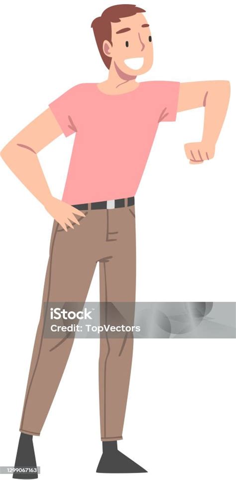 팔꿈치와 기쁨과 흥분 전체 길이 벡터 일러스트와 미소와 함께 몸짓 과 함께 기뻐하는 남성 캐릭터 개념에 대한 스톡 벡터 아트 및