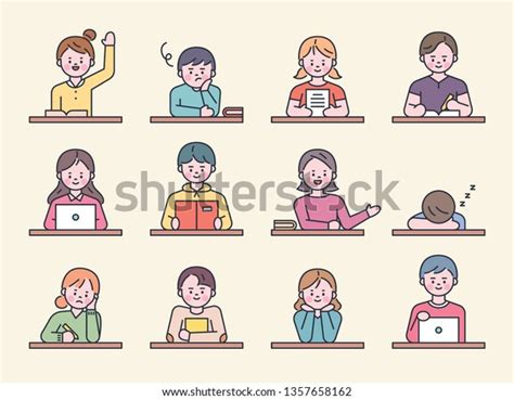 책상에서 공부하는 귀여운 아이들 캐릭터들 플랫 디자인 스톡 벡터 로열티 프리 1357658162