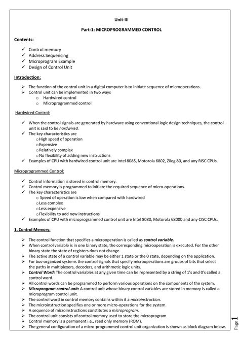 Unit Iii Part 1 Microprogramming Notes 1 Unit Iii Part 1 Microprogrammed Control Contents