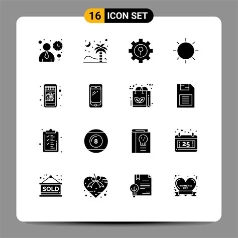 Set Of 16 Vector Solid Glyphs On Grid For Tool Layout Coconut Interface Setting Editable Vector