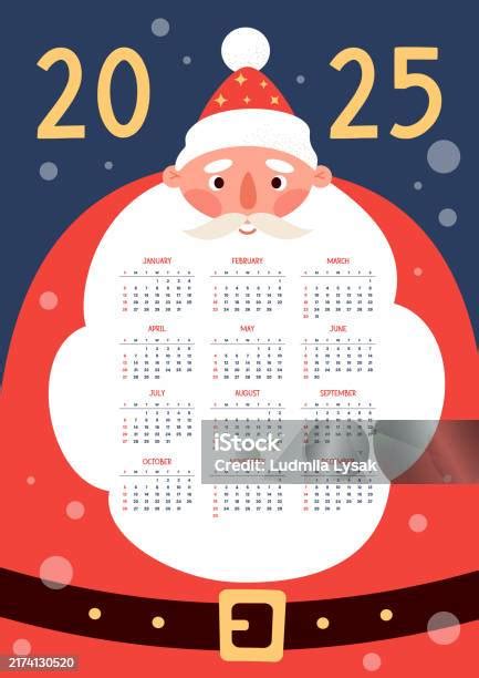 2025년 연간 달력 귀여운 산타 클로스 턱수염을 가진 재미 있는 초상화 캐릭터 세로 템플릿 12 개월 영어 한 주는 일요일에