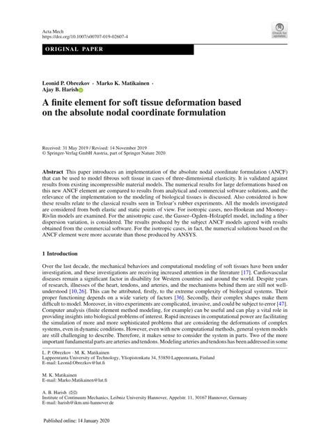 Pdf A Finite Element For Soft Tissue Deformation Based On The Absolute Nodal Coordinate