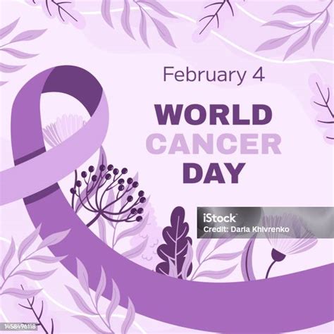 세계 암 인식의 날 2월 4일 라일락 또는 보라색 리본은 꽃과 암의 상징입니다 암 캠페인 중지 소셜 미디어 또는 웹 사이트에 대 한 건강 관리 사각형 템플릿입니다 암에 대한